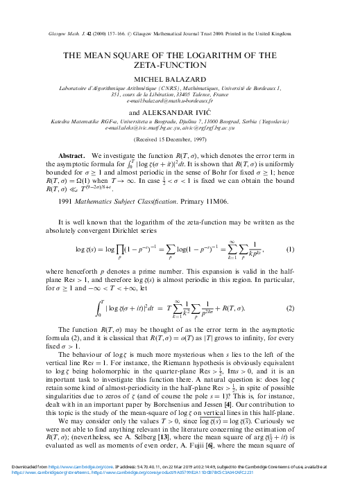 (PDF) The Mean Square of the Logarithm of the Zeta-Function