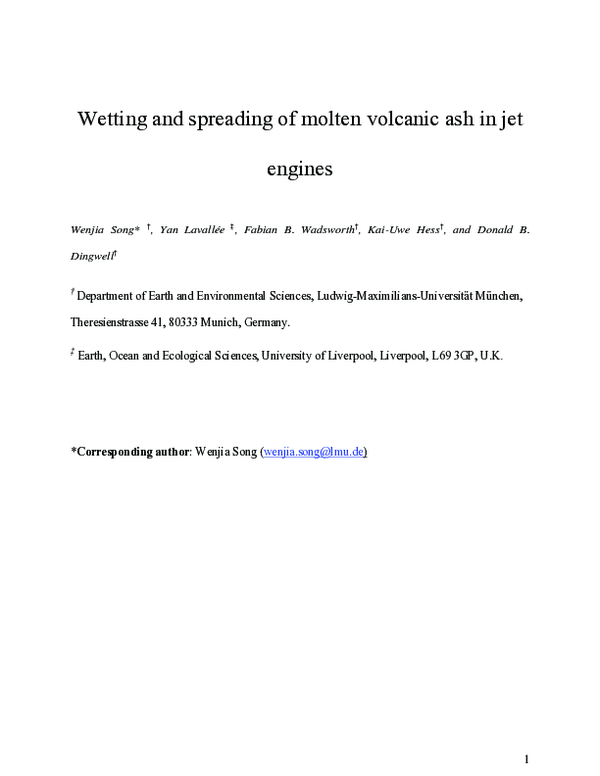 (PDF) Wetting and Spreading of Molten Volcanic Ash in Jet Engines