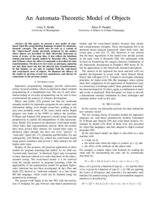 Pdf An Automata Theoretic Model Of Objects