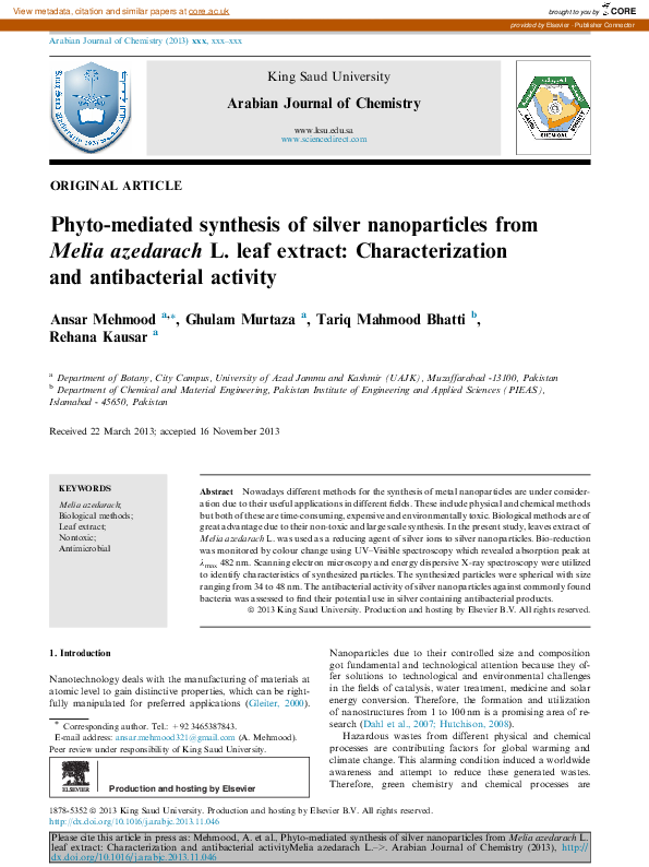 (PDF) Phyto-mediated synthesis of silver nanoparticles from Melia azedarach L. leaf extract ...