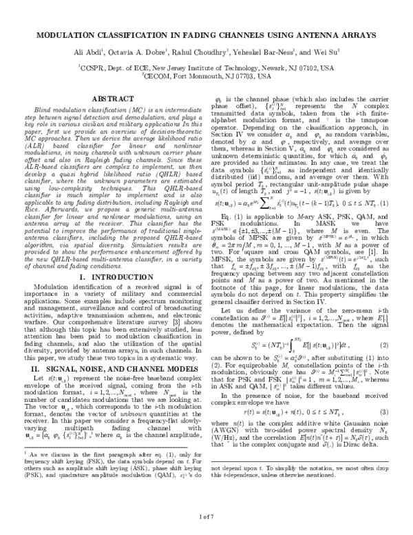 (PDF) Modulation classification in fading channels using antenna arrays