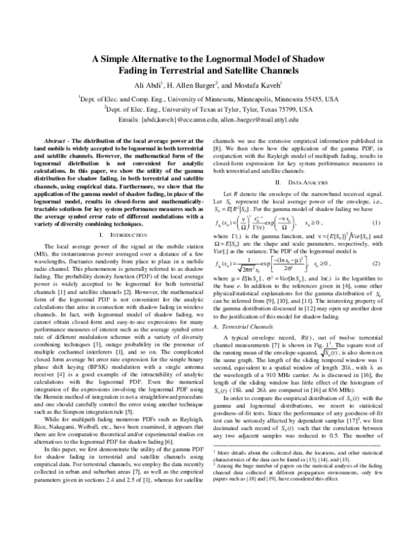 (PDF) A simple alternative to the lognormal model of shadow fading in terrestrial and satellite ...