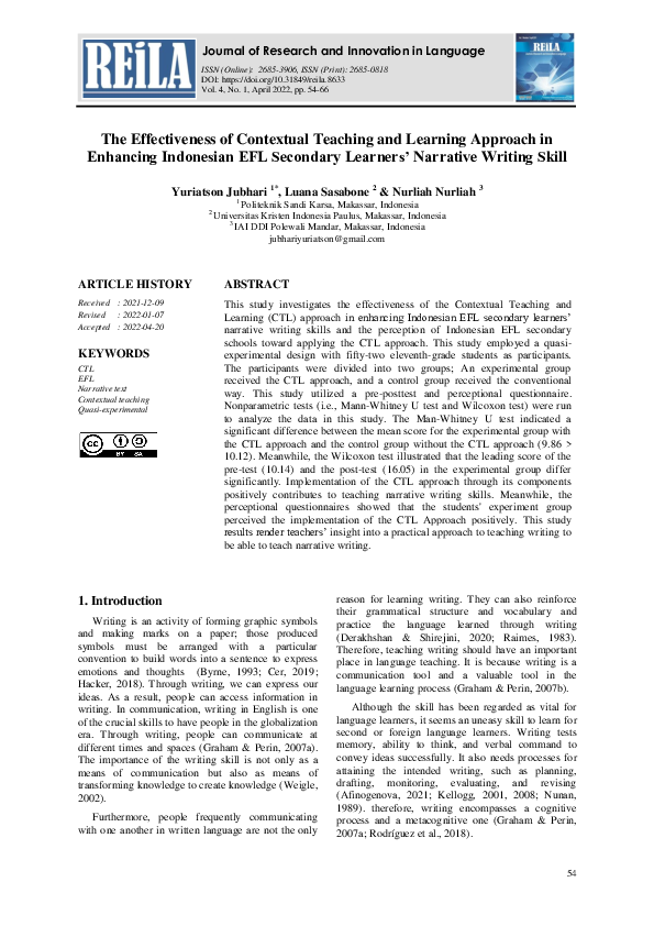 Pdf The Effectiveness Of Contextual Teaching And Learning Approach In Enhancing Indonesian Efl