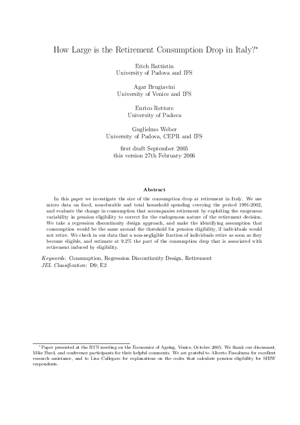(PDF) How Large is the Retirement Consumption Drop in Italy? | Enrico ...