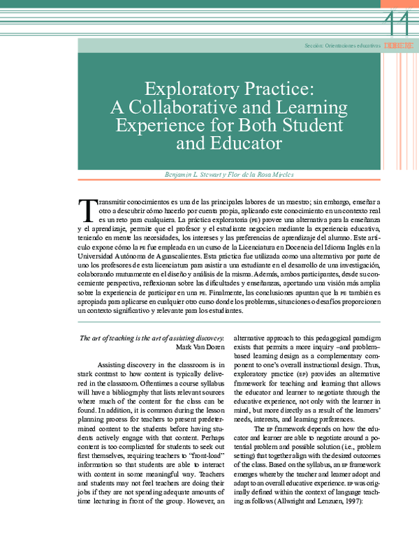 (PDF) Exploratory Practice: A Collaborative and Learning Experience for Both Student and Educator