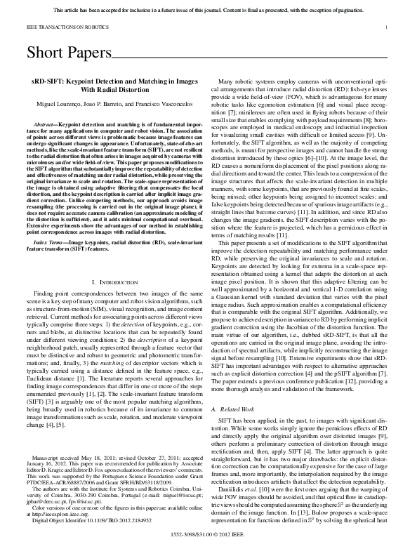 Pdf Srd Sift Keypoint Detection And Matching In Images With Radial Distortion Miguel