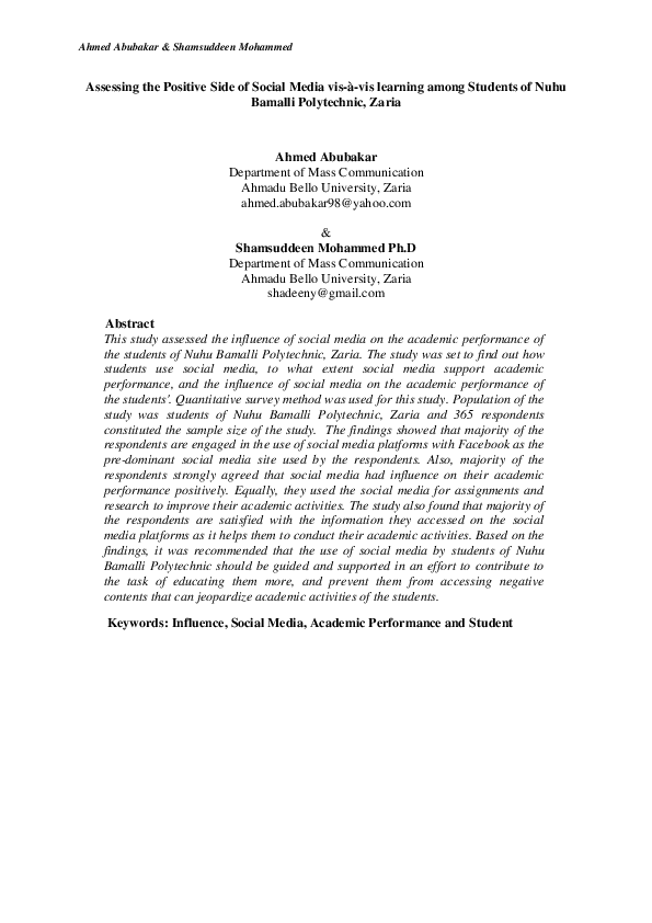 (PDF) Assessing the Positive Side of Social Media vis-à-vis learning among Students of Nuhu ...