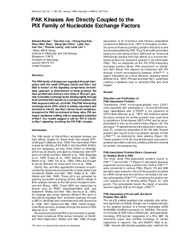 (PDF) PAK Kinases Are Directly Coupled to the PIX Family of Nucleotide ...