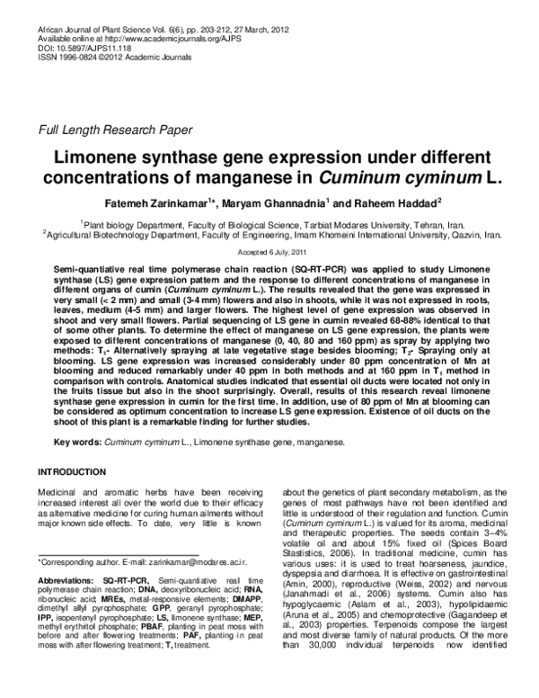 (PDF) Limonene Synthase Expression in Cumin Affected by Manganese