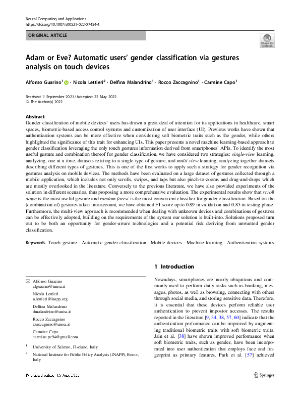 (PDF) Adam or Eve? Automatic users’ gender classification via gestures analysis on touch devices