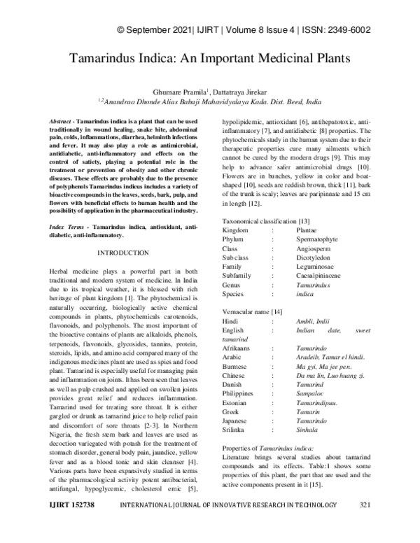 (PDF) Tamarindus Indica: An Important Medicinal Plants