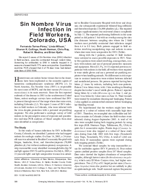 (PDF) Sin Nombre Virus Infection in Field Workers