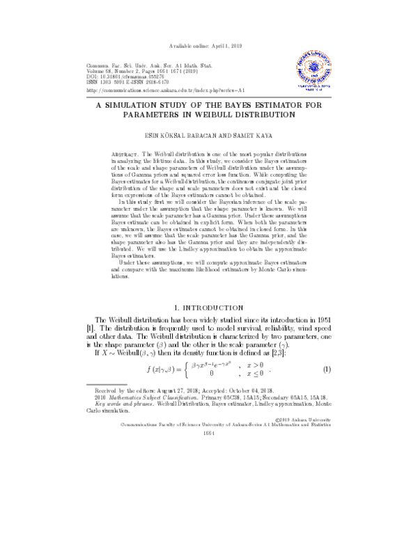 (PDF) A simulation study of the Bayes estimator for parameters in Weibull distribution