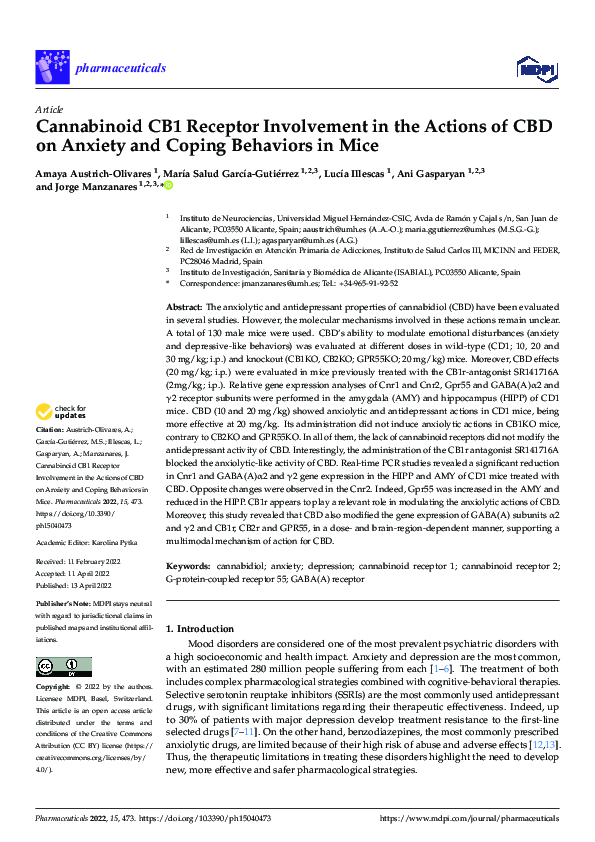(PDF) Cannabinoid CB1 Receptor Involvement in the Actions of CBD on Anxiety and Coping Behaviors ...