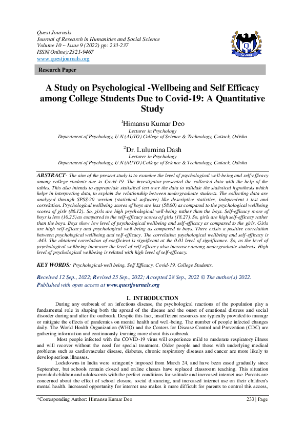 (PDF) A Study on Psychological -Wellbeing and Self Efficacy among ...