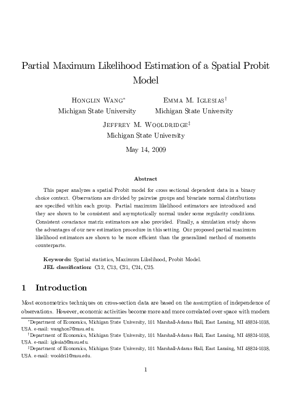 Pdf Partial Maximum Likelihood Estimation Of Spatial Probit Models 2009