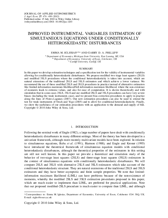Pdf Improved Instrumental Variables Estimation Of Simultaneous Equations Under Conditionally
