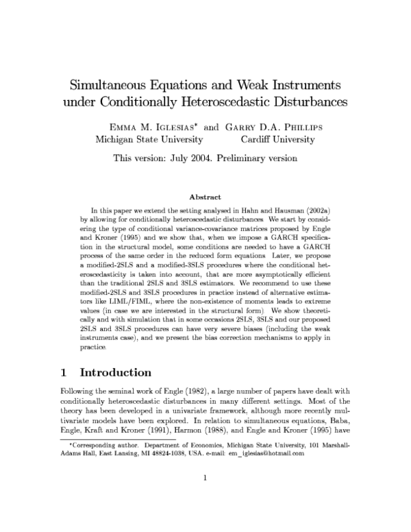 Pdf Simultaneous Equations And Weak Instruments Under Conditionally Heteroscedastic Disturbances