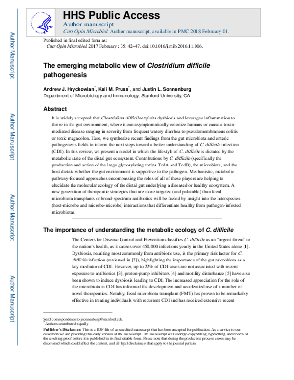 (PDF) The emerging metabolic view of Clostridium difficile pathogenesis ...