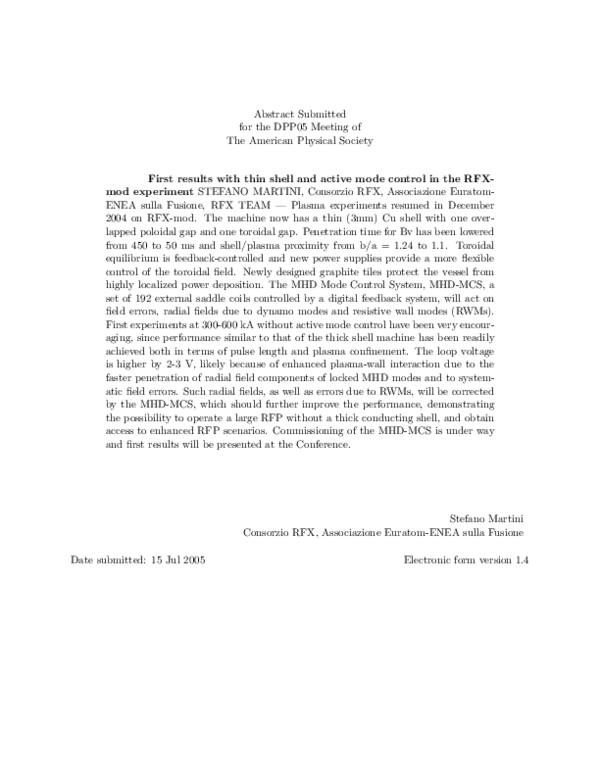 (PDF) First results with thin shell and active mode control in the RFX-mod experiment