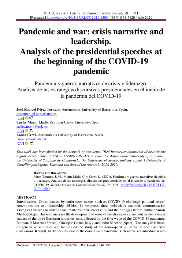 (PDF) Pandemic and war: crisis narrative and leadership. Analysis of ...