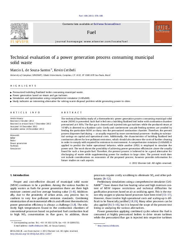 (PDF) Technical evaluation of a power generation process consuming ...