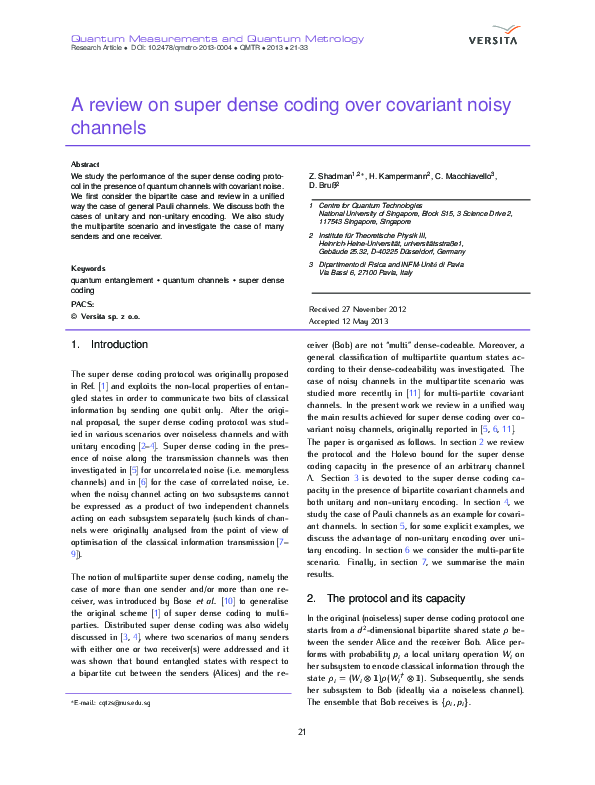 (PDF) A review on super dense coding over covariant noisy channels
