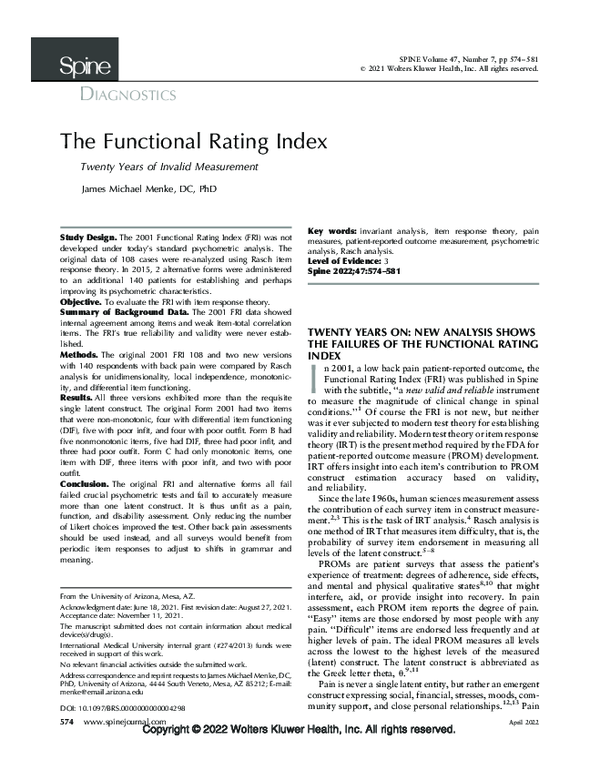 (PDF) The Functional Rating Index: 20 years of invalid measurement