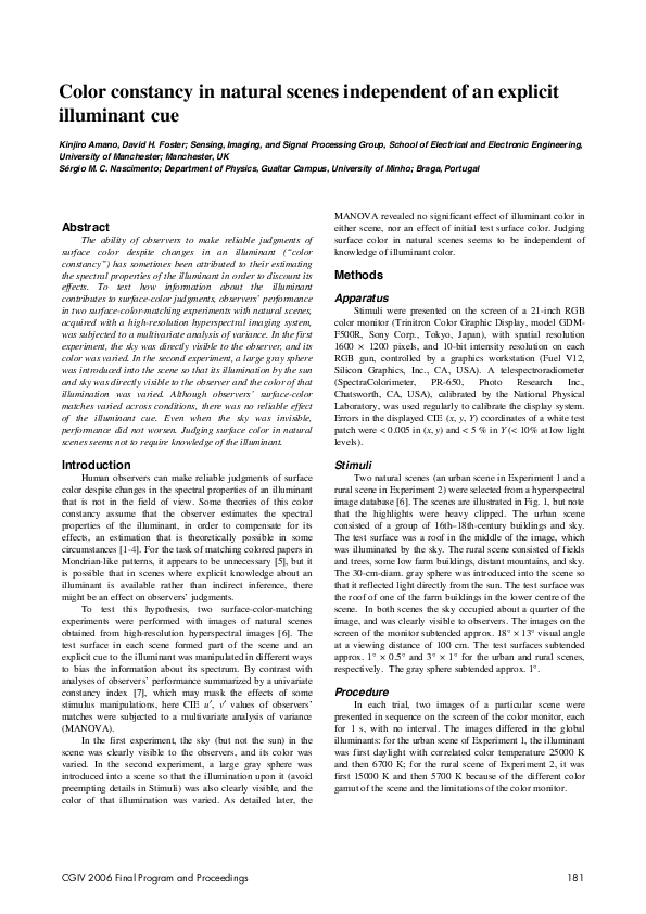 Pdf Color Constancy In Natural Scenes Independent Of An Explicit Illuminant Cue
