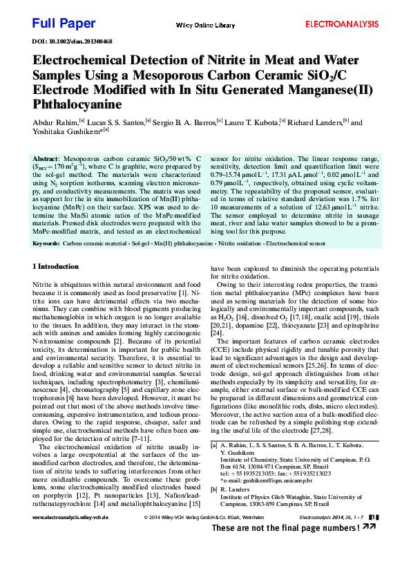 Pdf Electrochemical Detection Of Nitrite In Meat And Water Samples Using A Mesoporous Carbon