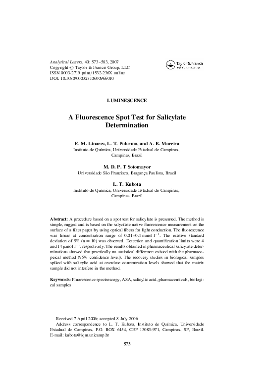 (PDF) A Fluorescence Spot Test for Salicylate Determination