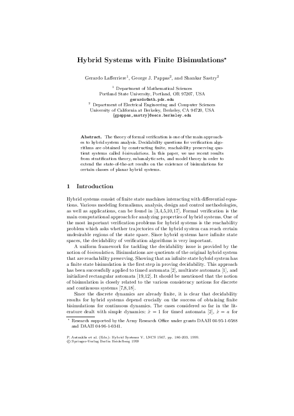 (PDF) Hybrid Systems with Finite Bisimulations