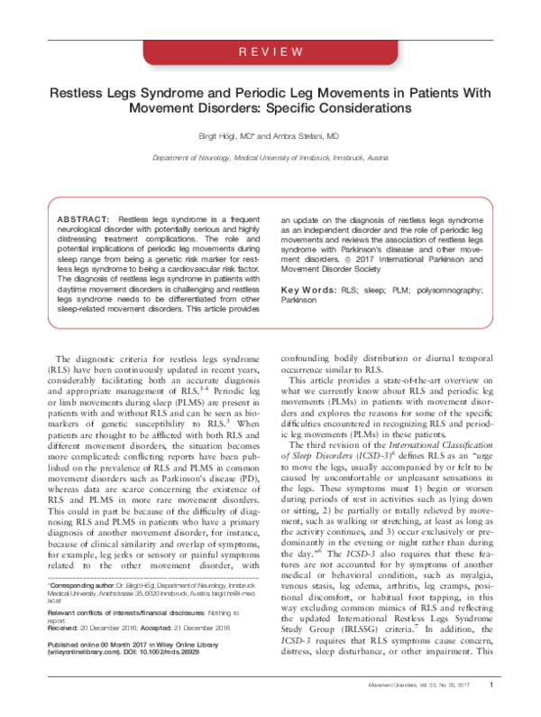 (PDF) Restless Legs Syndrome and Periodic Leg Movements in Sleep: The ...