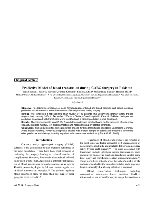 (PDF) Predictive model of blood transfusion during CABG surgery in Pakistan