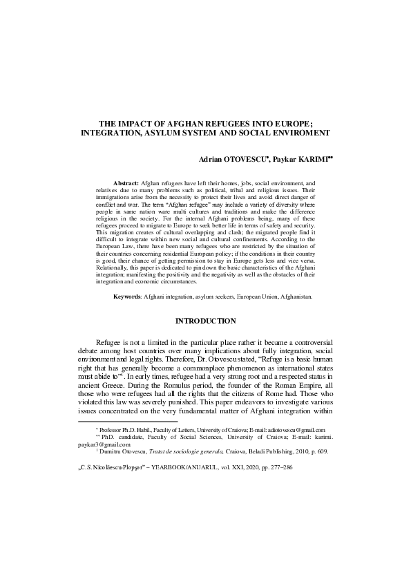 (PDF) The Impact of Afghan Refugees Into Europe; Integration, Asylum System and Social Enviroment