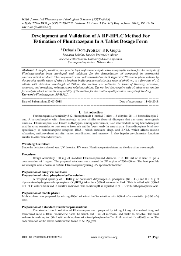 Pdf Development And Validation Of A Rp Hplc Method For Estimation Of Flunitrazepam In A Tablet