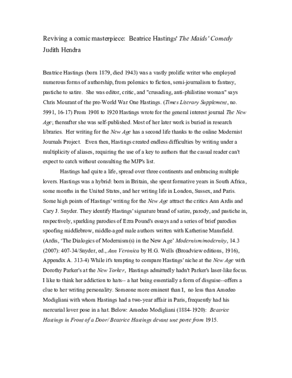 (DOC) Reviving a comic masterpiece: Beatrice Hastings' The Maids' Comedy