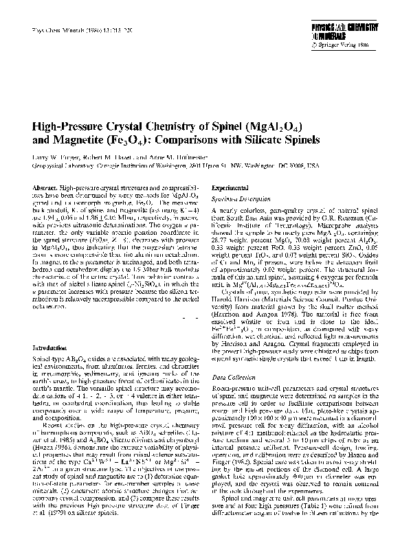 (PDF) High-Pressure crystal chemistry of spinel (MgAl2O4) and magnetite ...