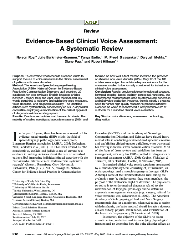 (PDF) Evidence-Based Clinical Voice Assessment: A Systematic Review
