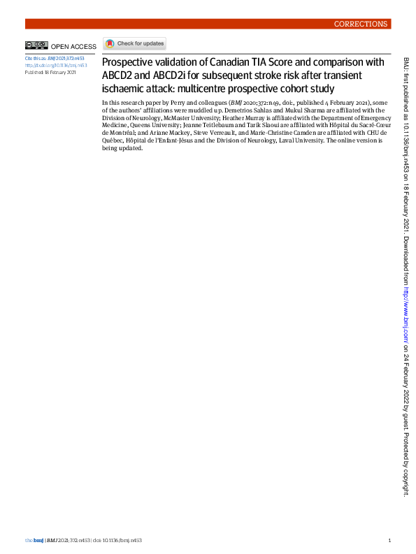 (PDF) Prospective validation of Canadian TIA Score and comparison with ...