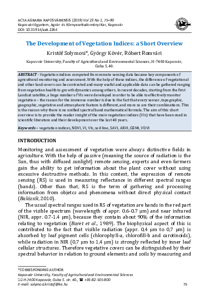 (PDF) The Development of Vegetation Indices: a Short Overview