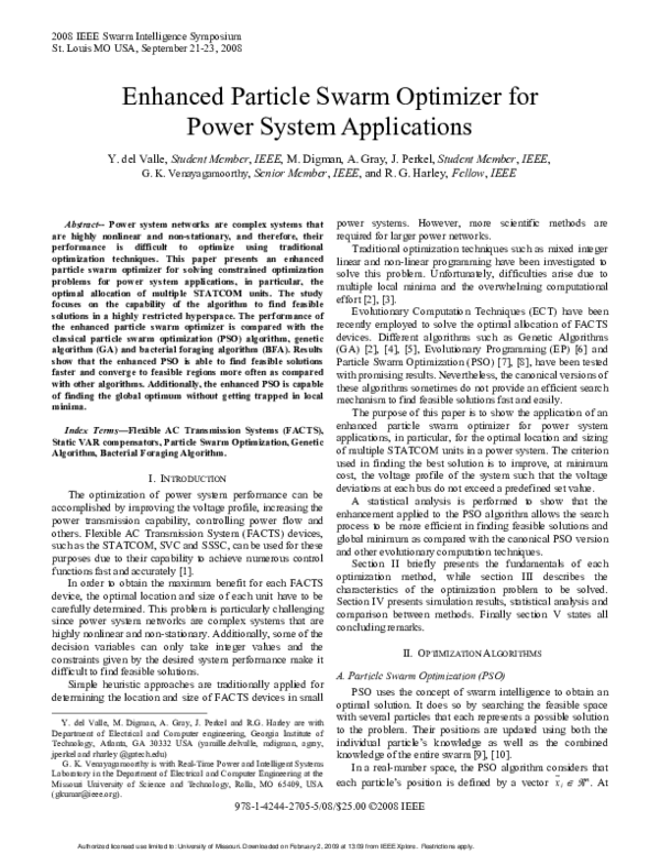 Pdf Enhanced Particle Swarm Optimizer For Power System Applications