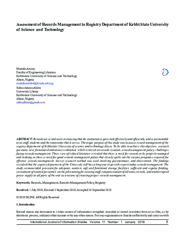 (PDF) Assessment of Records Management in Registry Department of Kebbi ...