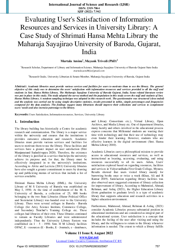 (PDF) Evaluating User's Satisfaction of Information Resources and Services in University Library ...