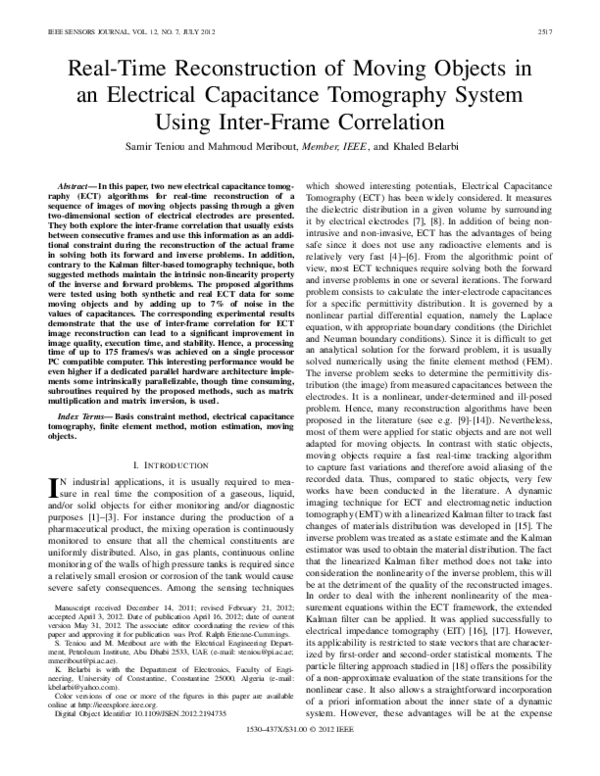Pdf Real Time Reconstruction Of Moving Objects In An Electrical Capacitance Tomography System 
