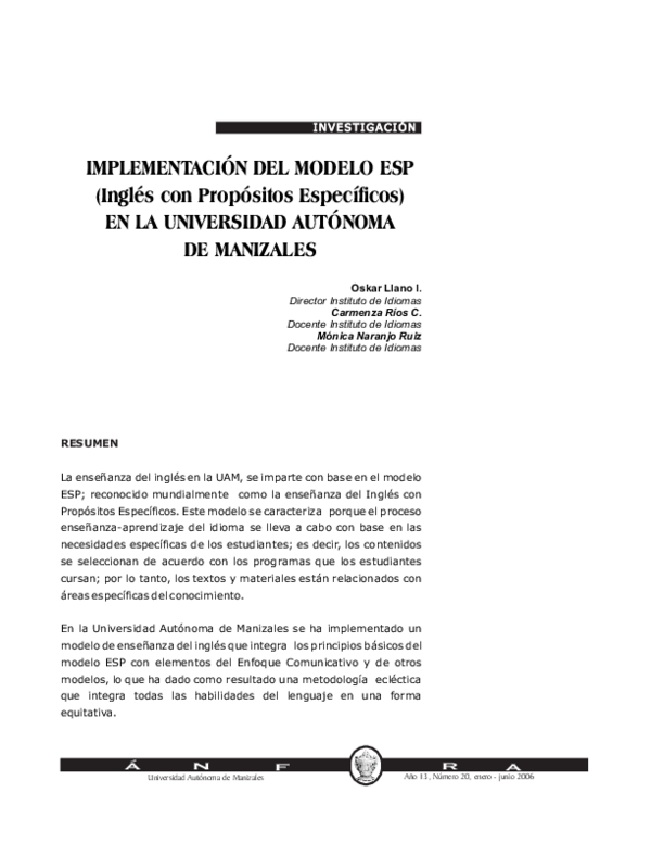 (PDF) Implementación del modelo ESP (inglés con propósitos específicos ...