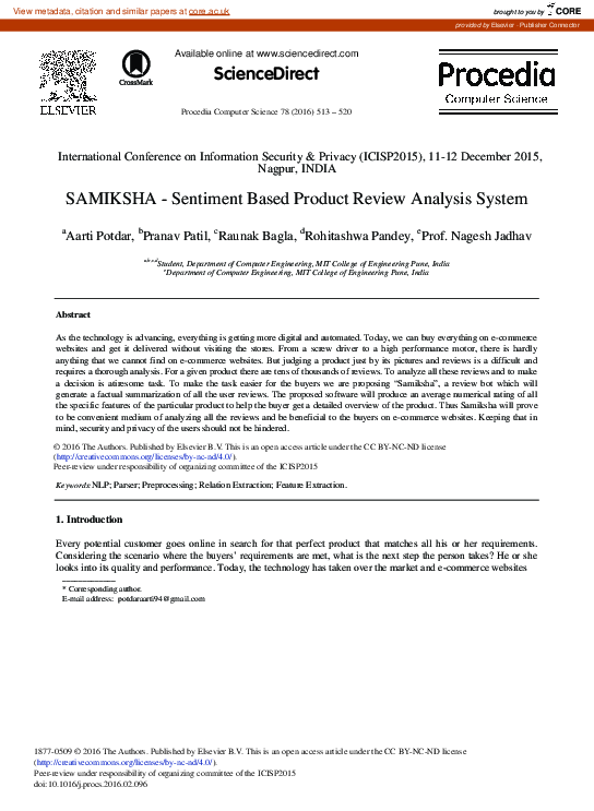 (PDF) SAMIKSHA - Sentiment Based Product Review Analysis System