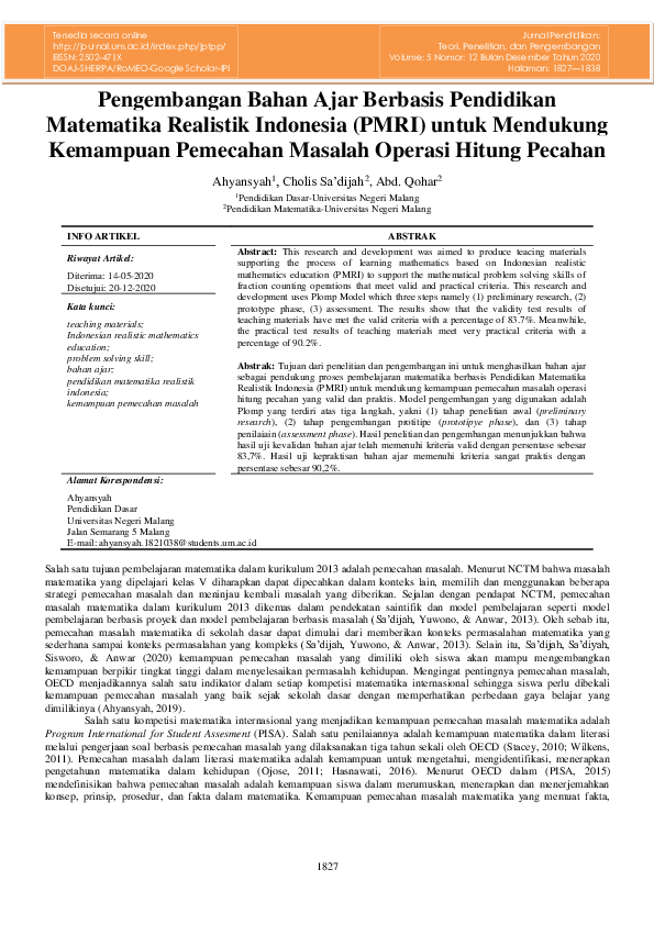 (PDF) Pengembangan Bahan Ajar Berbasis Pendidikan Matematika Realistik Indonesia (PMRI) untuk ...