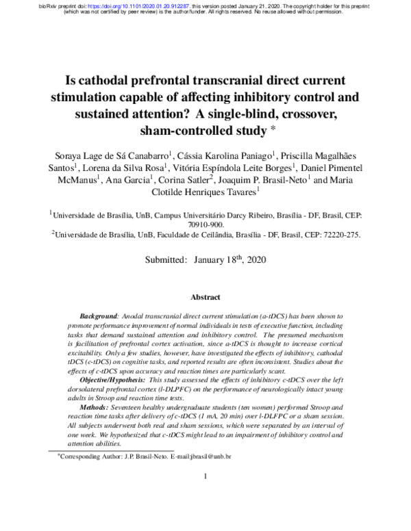 (PDF) Is cathodal prefrontal transcranial direct current stimulation capable of affecting ...
