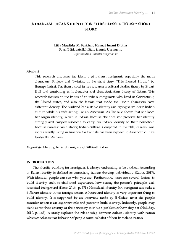 (PDF) Indian-Americans Identity in “This Blessed House” Short Story
